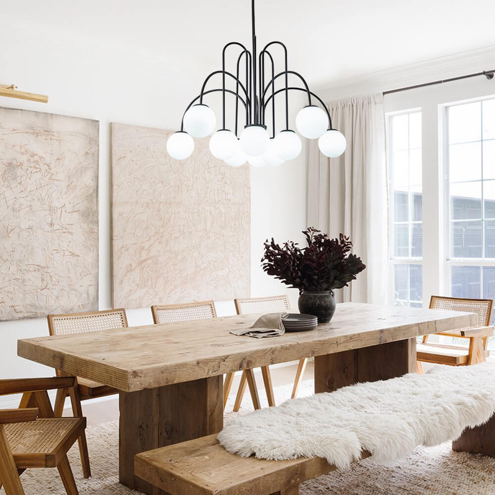 10-Light Bubble Opal Glass Globe Chandelier | Black Brass Hanging Light ...