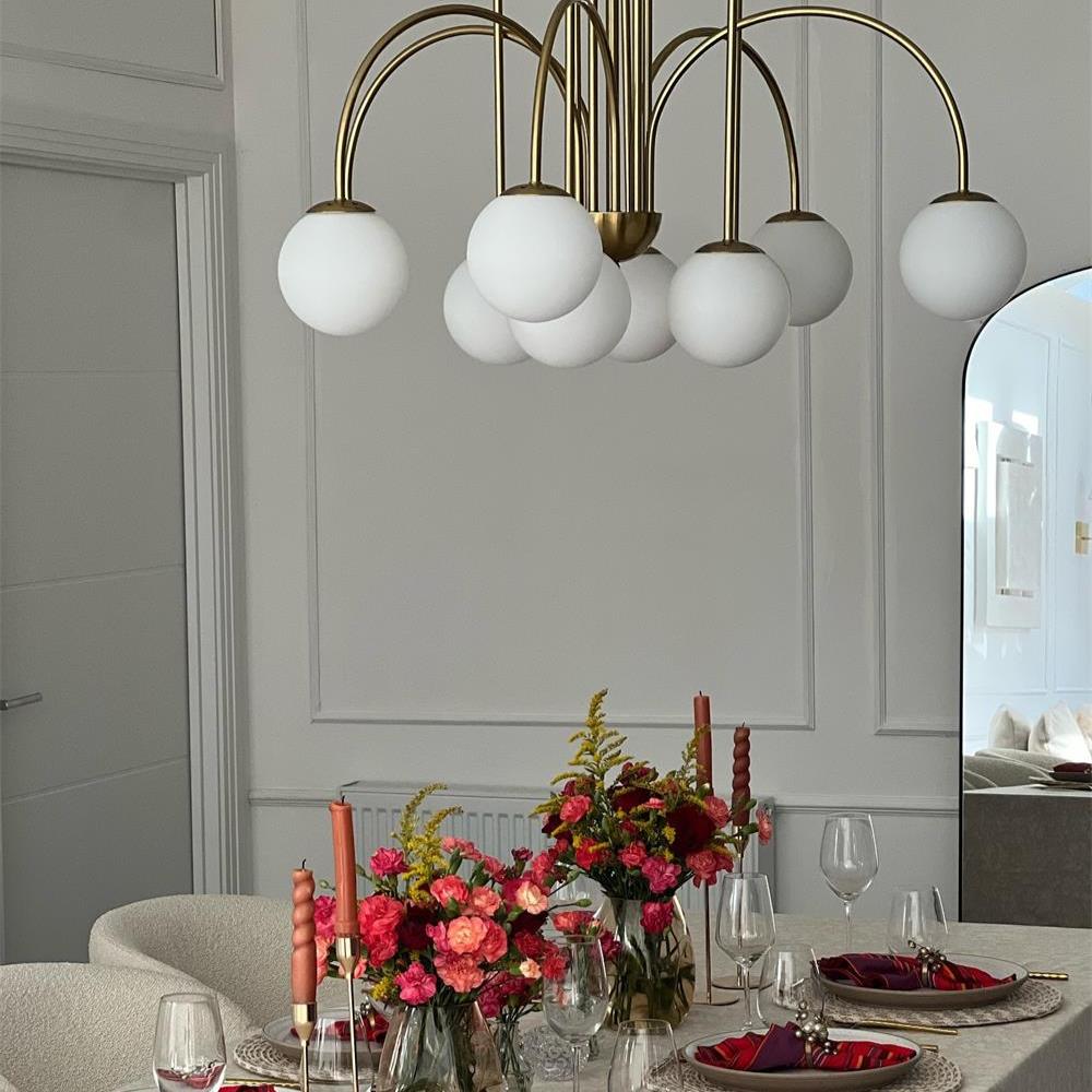 10-Light Bubble Opal Glass Globe Chandelier | Black Brass Hanging Light ...