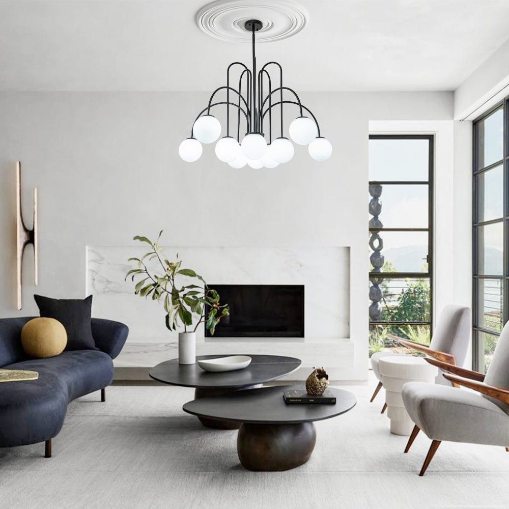 10-Light Bubble Opal Glass Globe Chandelier | Black Brass Hanging Light ...