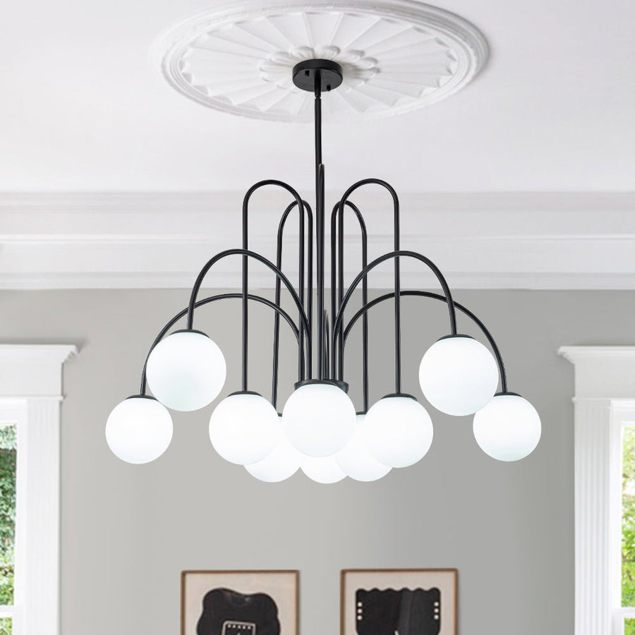 10-Light Bubble Opal Glass Globe Chandelier | Black Brass Hanging Light ...